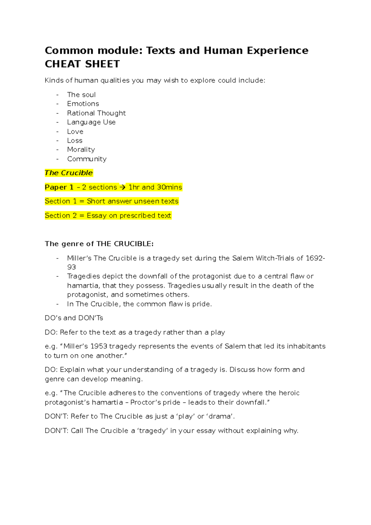 Common Module: Texts and Human Experience Cheat Sheet for The Crucible ...