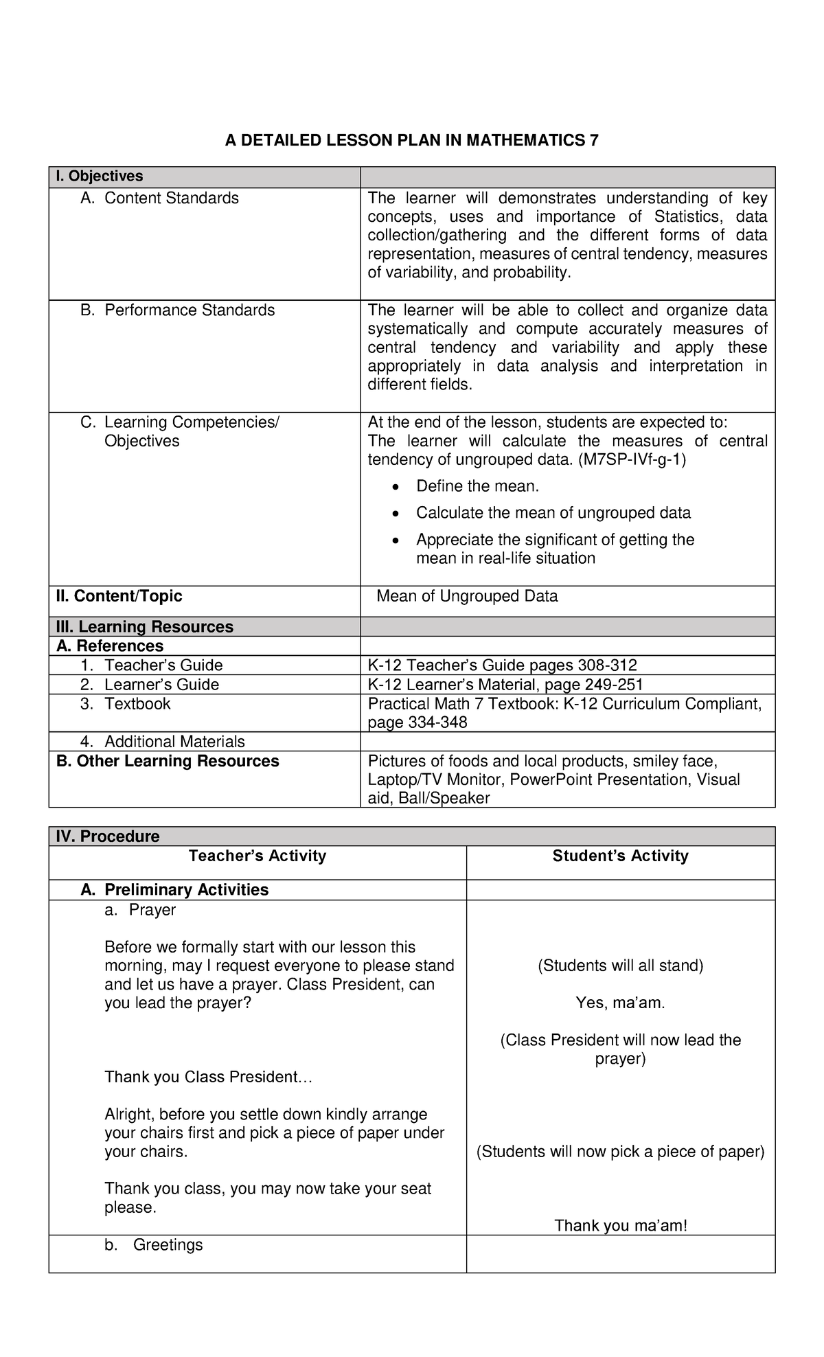 A Complete Lesson Plan on Statistics: Mean of Ungrouped Data (Math 7) - Studocu