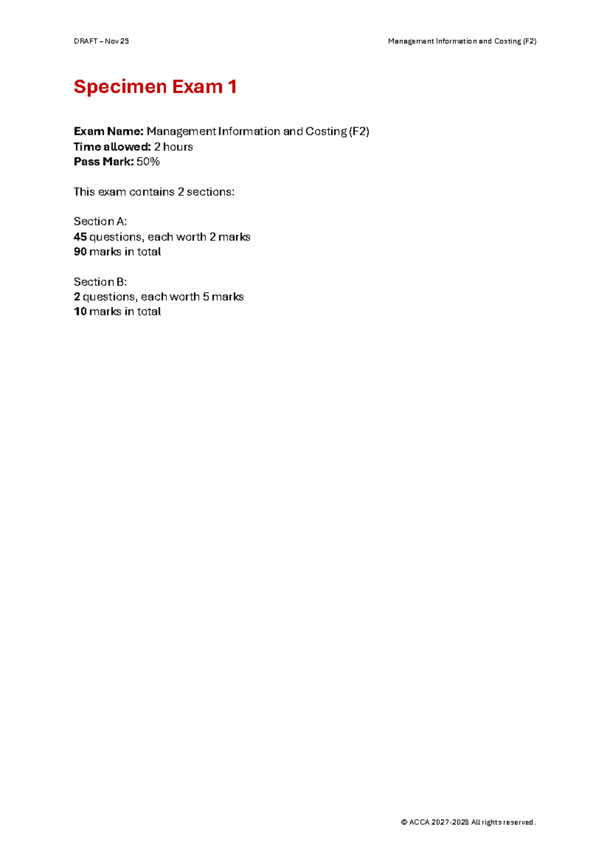 F2 Management Information and Costing - Specimen Exam Guide - Studocu