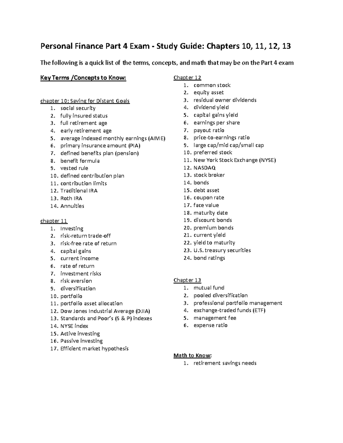 Personal Finance Part 4 Exam Study Guide: Chapters 10-13 Insights - Studocu