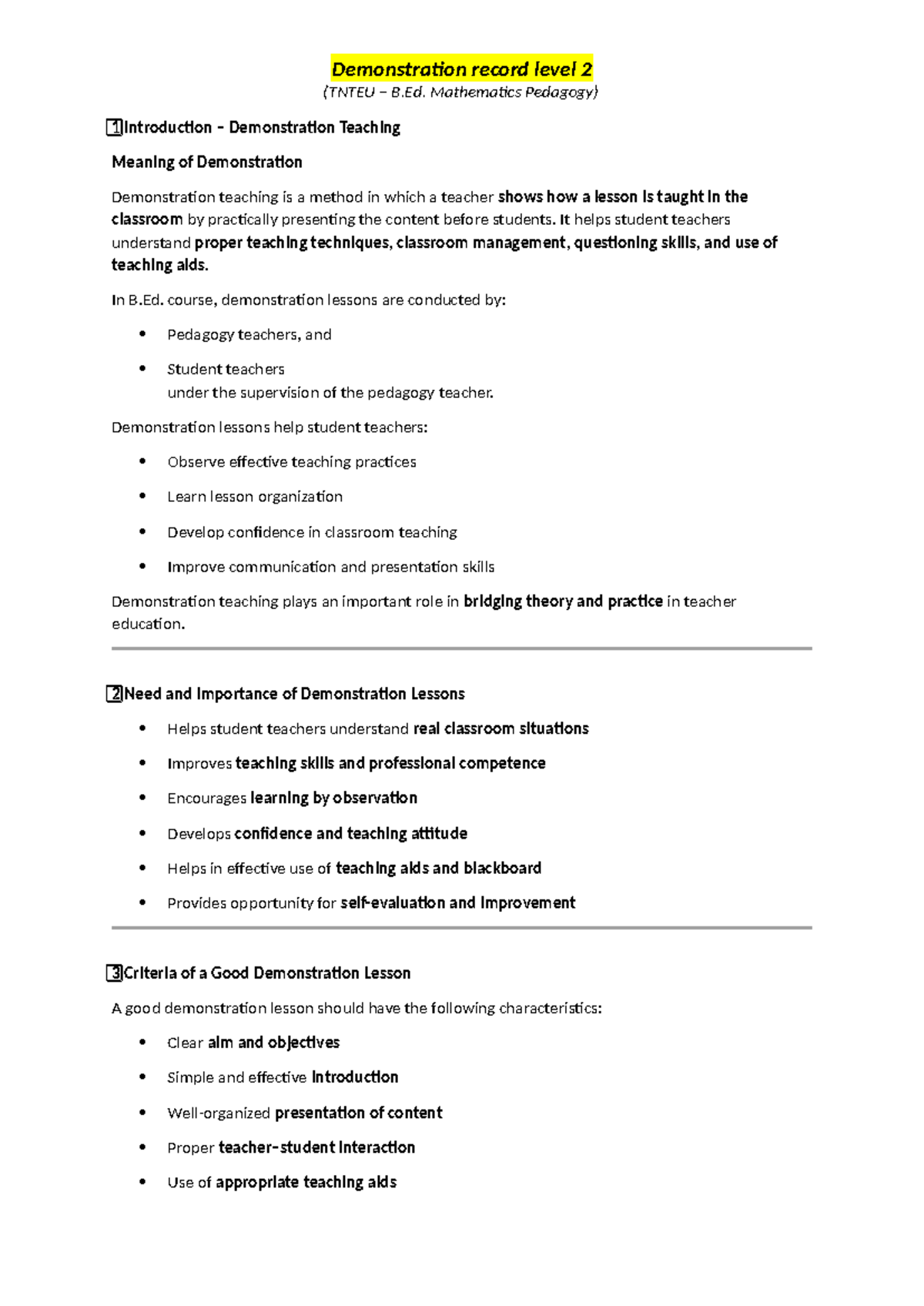 Demonstration Record Level 2 (TNTEU B.Ed. Math Pedagogy) - Studocu