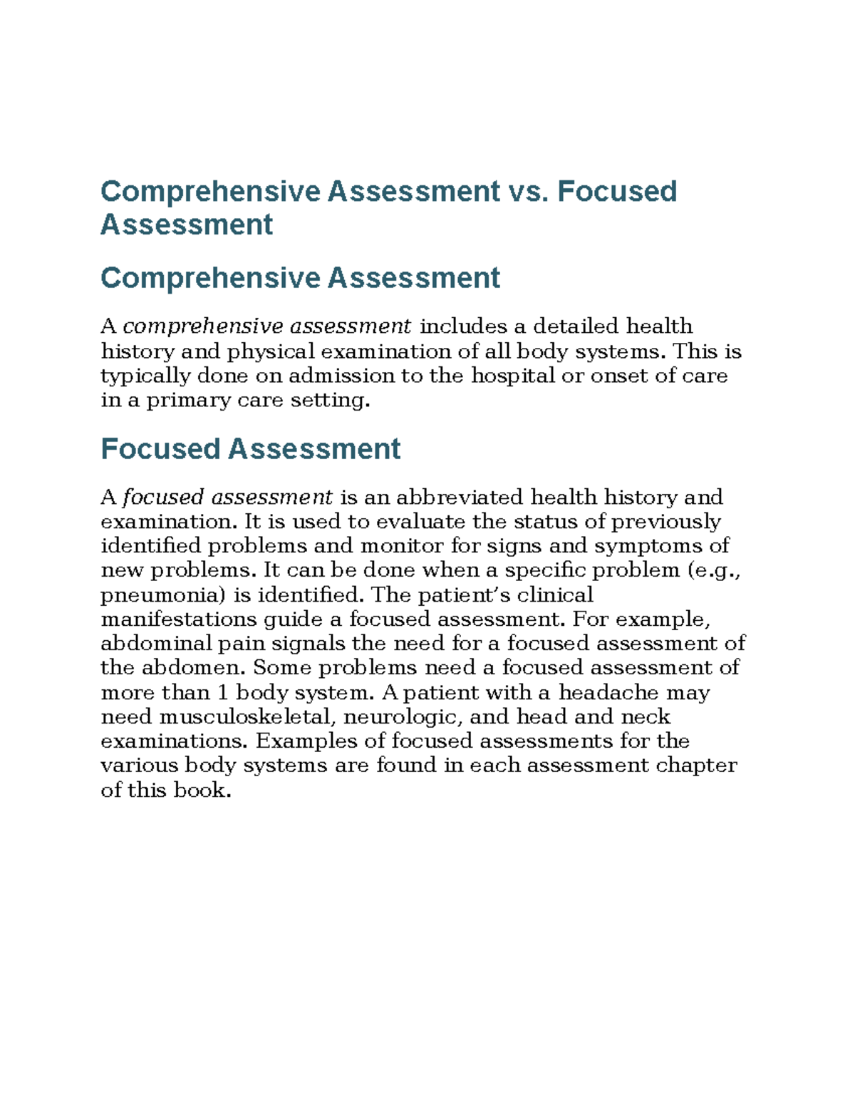 Comprehensive Assessment vs. Focused Assessment - Comprehensive ...