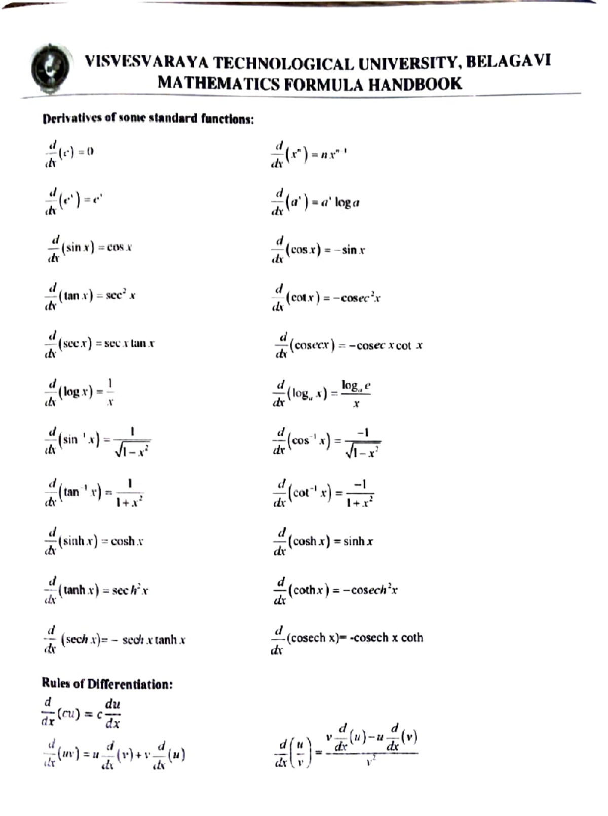 VTU BELAGAVI MATHEMATICS FORMULA HANDBOOK: Key Concepts & Derivatives ...