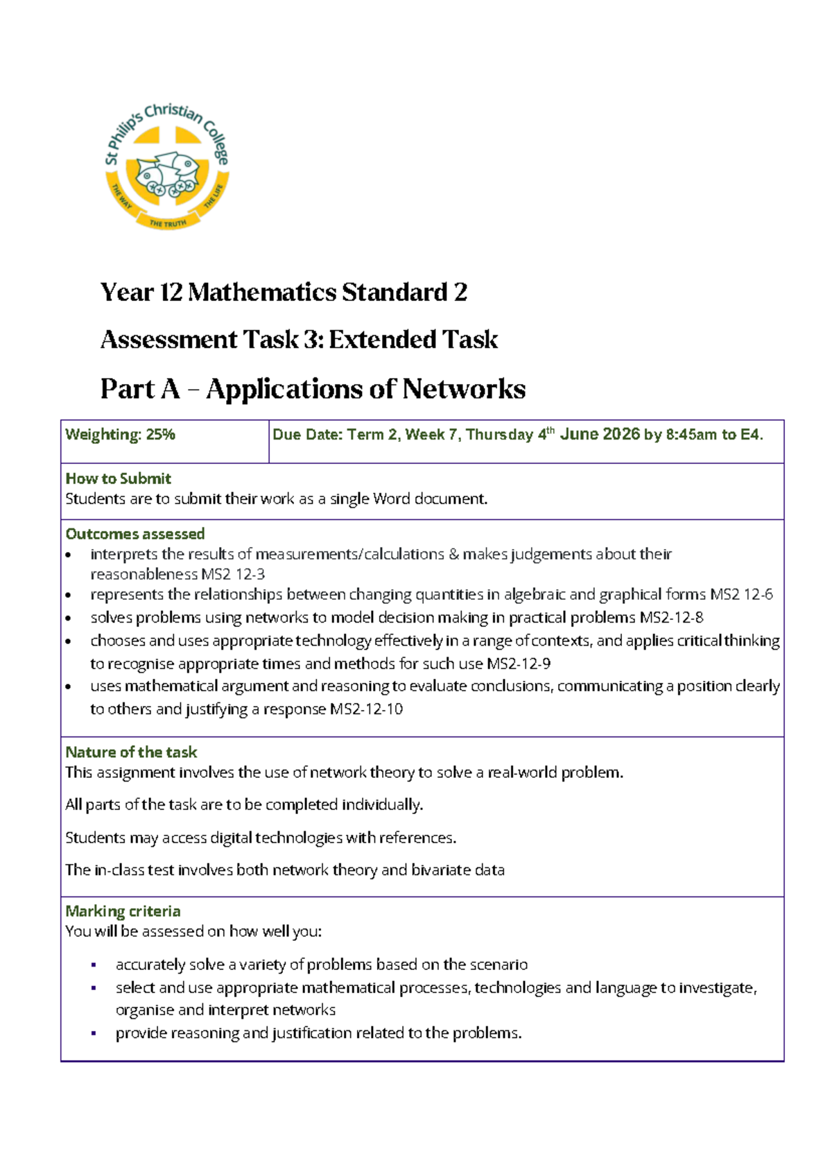 Year 12 Mathematics Standard 2 Assessment Task 3: Networks ...