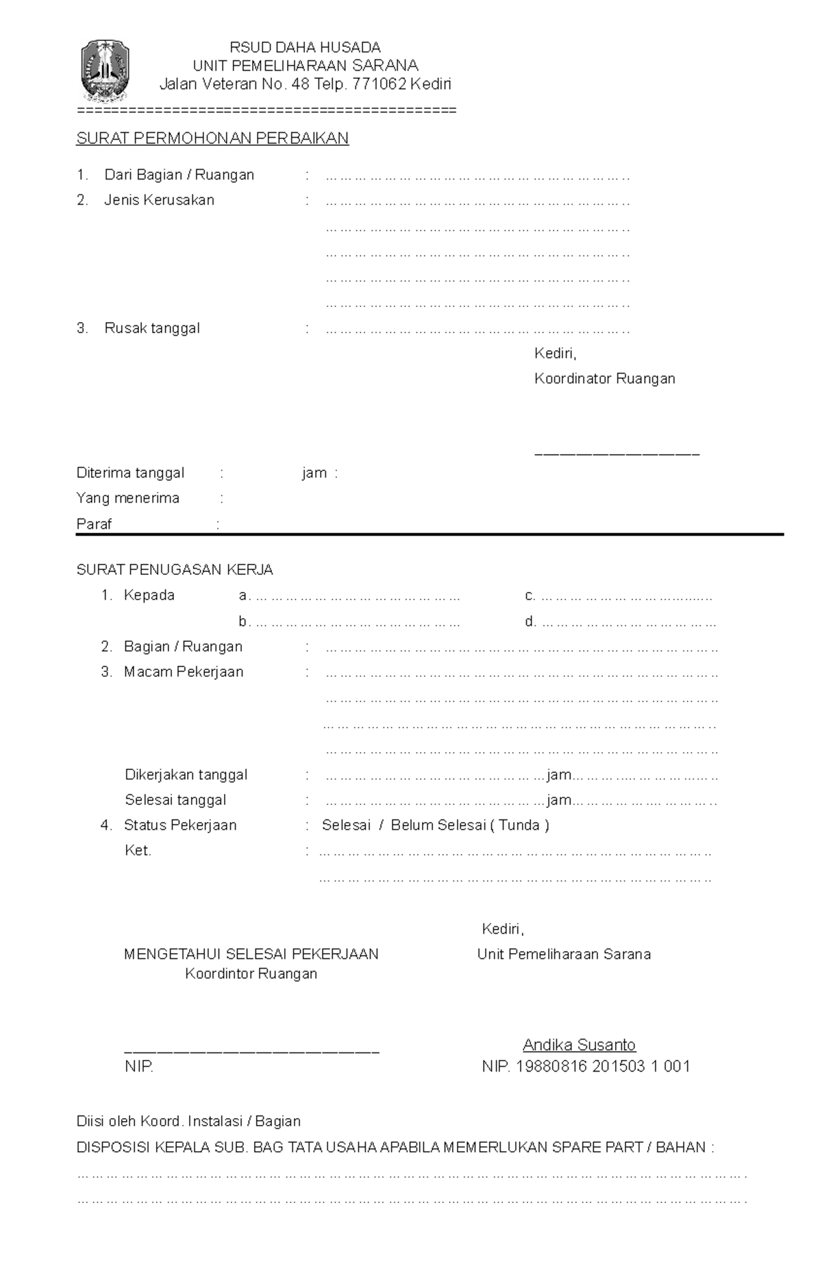 Surat Permohonan Perbaikan RSUD Daha Husada - Unit Pemeliharaan - Studocu
