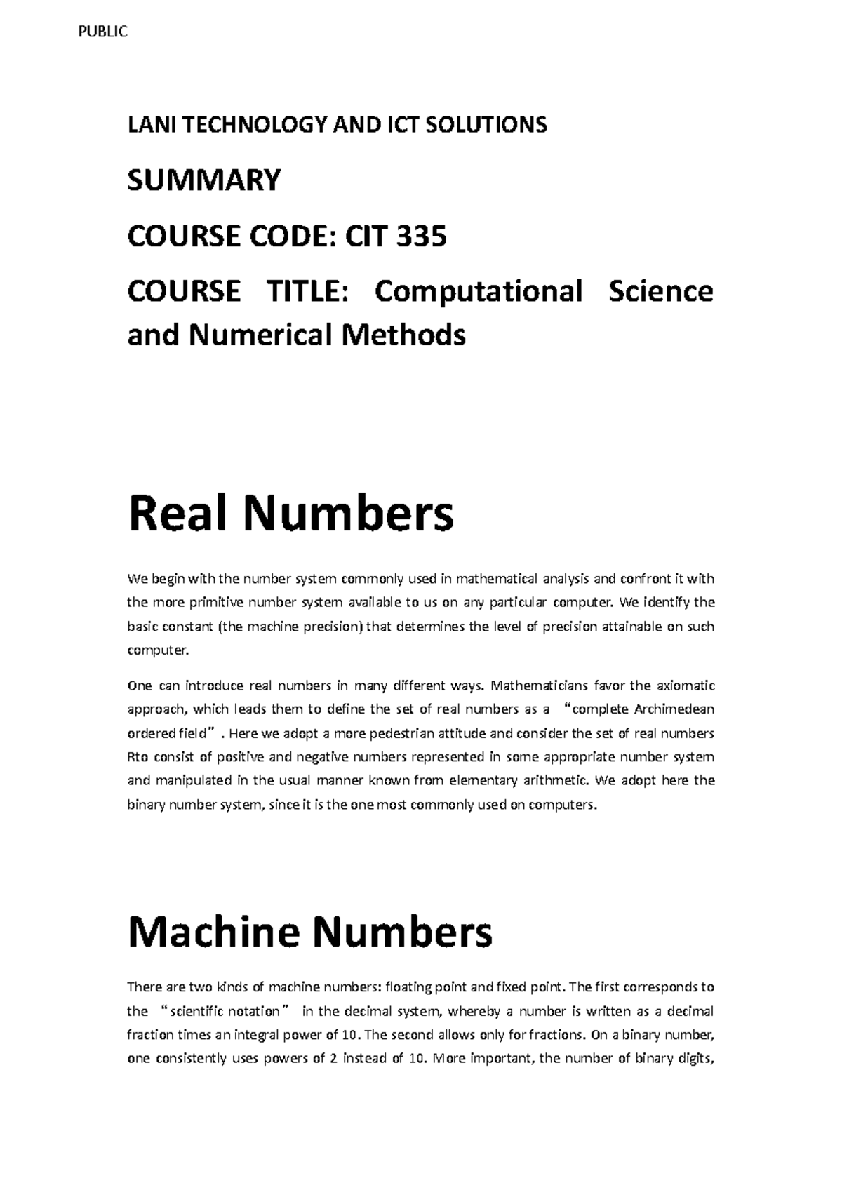 CIT 335 Summary: Real Numbers, Machine Numbers, and Error Propagation ...