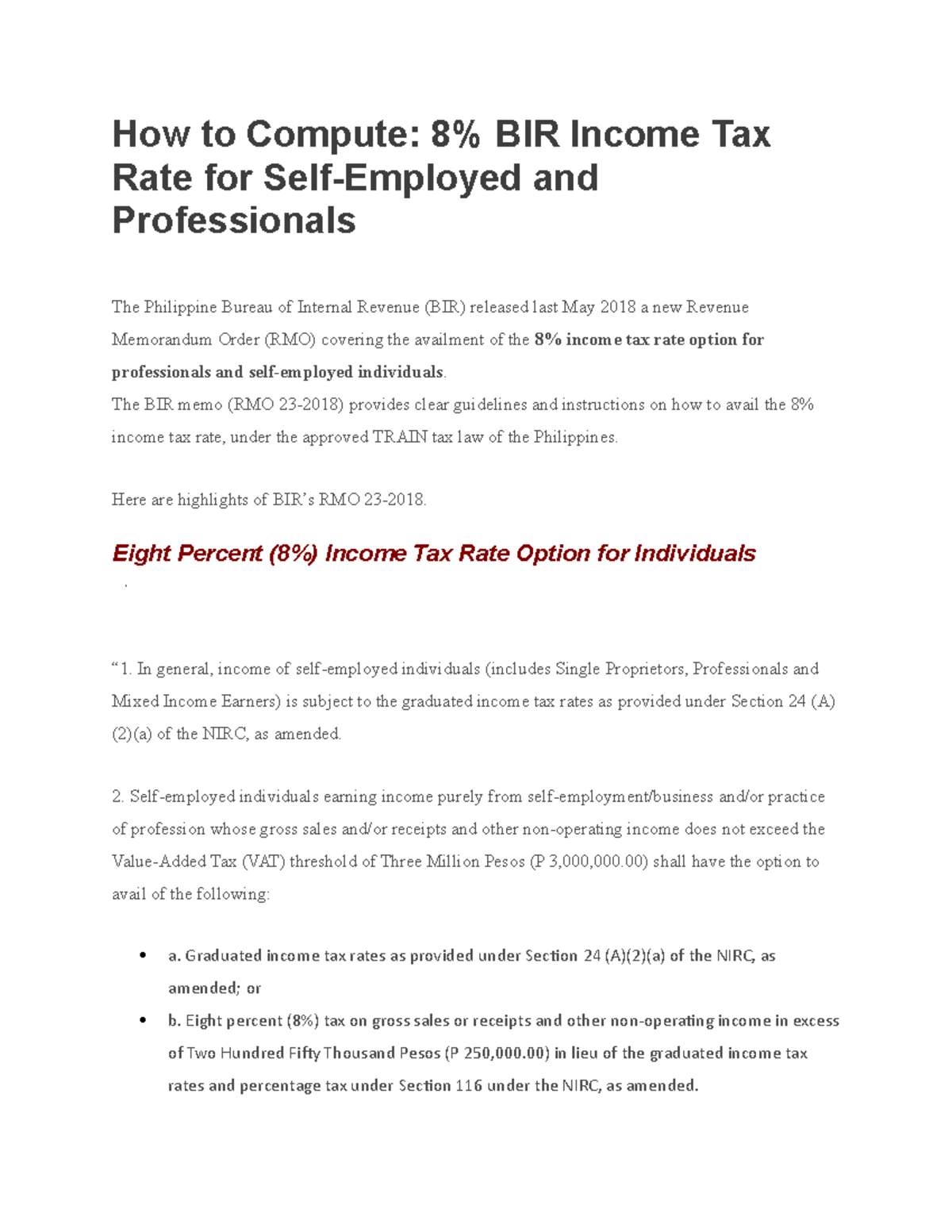 8% BIR Tax Option for Self-Employed Professionals: Guidelines and ...