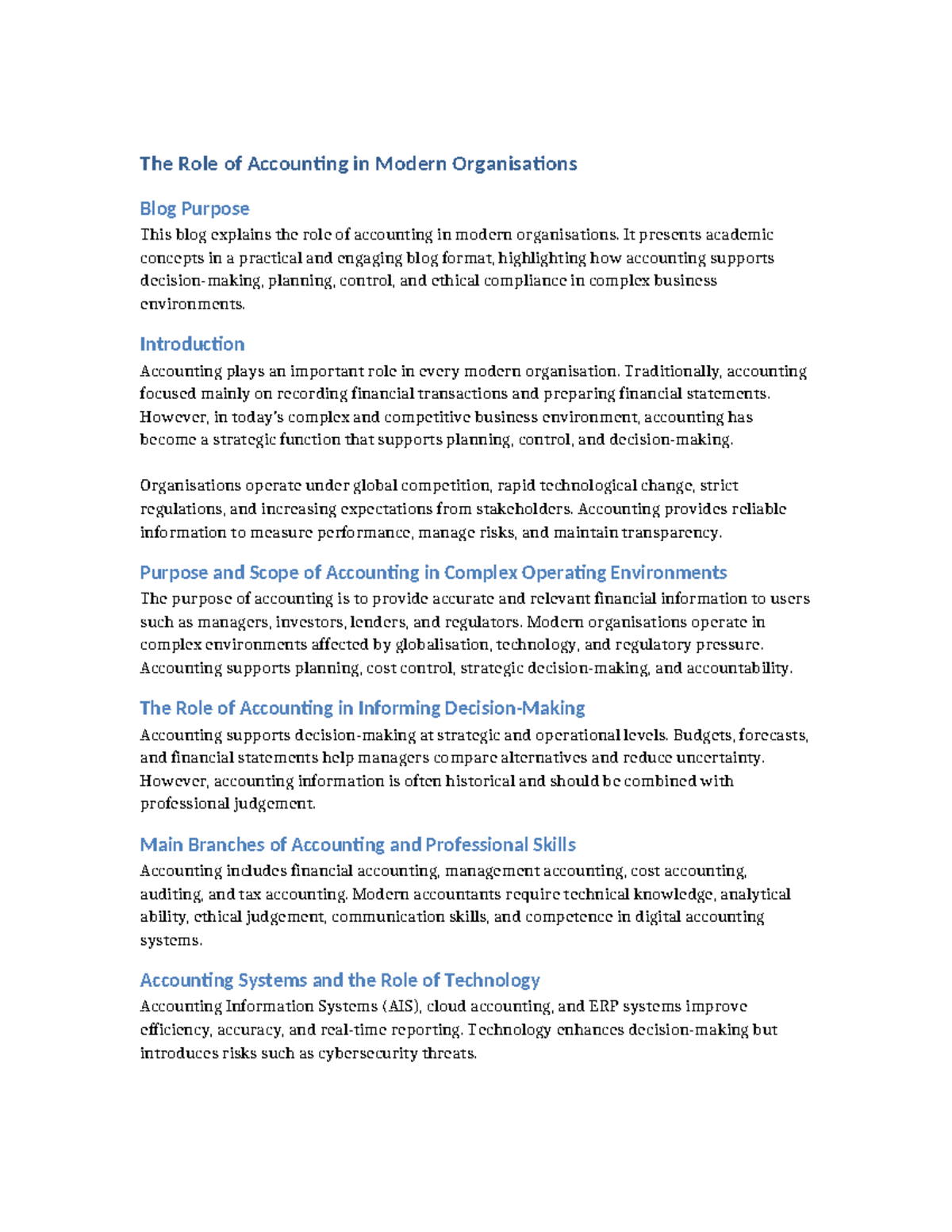 The Role of Accounting in Modern Organisations: A Blog Overview - Studocu