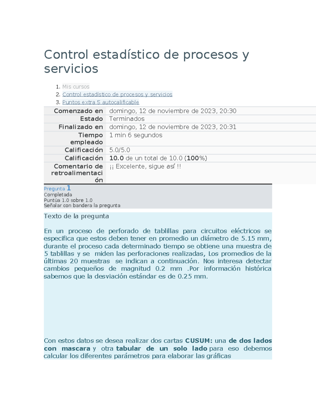 Control Estadístico de Procesos y Servicios - Puntos Extra 5 - Studocu
