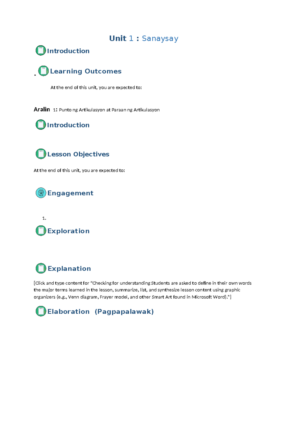 5Es-1 - summary - Unit 1 : Sanaysay Introduction * Learning Outcomes At the end of this unit ...