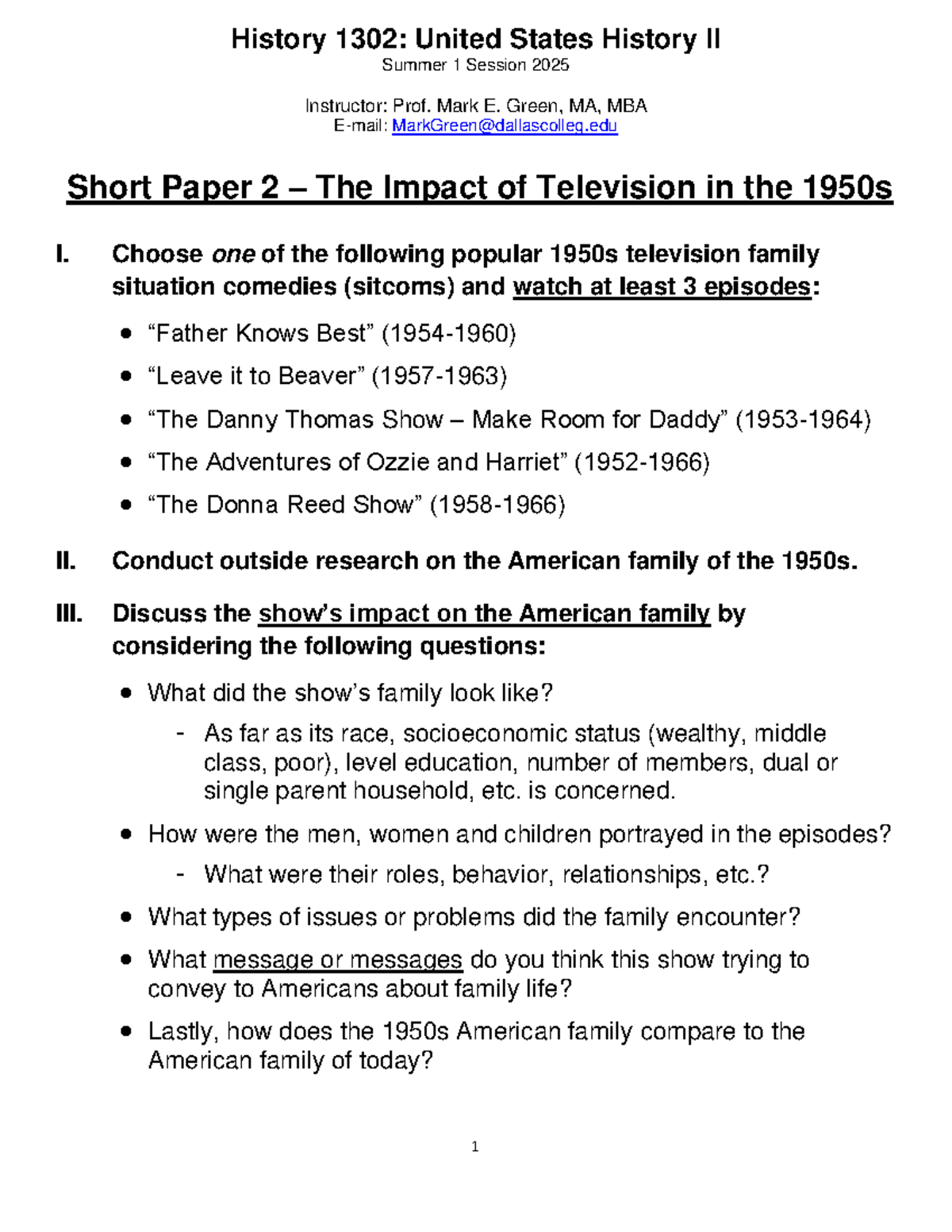 History 1302: Short Paper 2 - The 1950s American Family & TV Impact ...