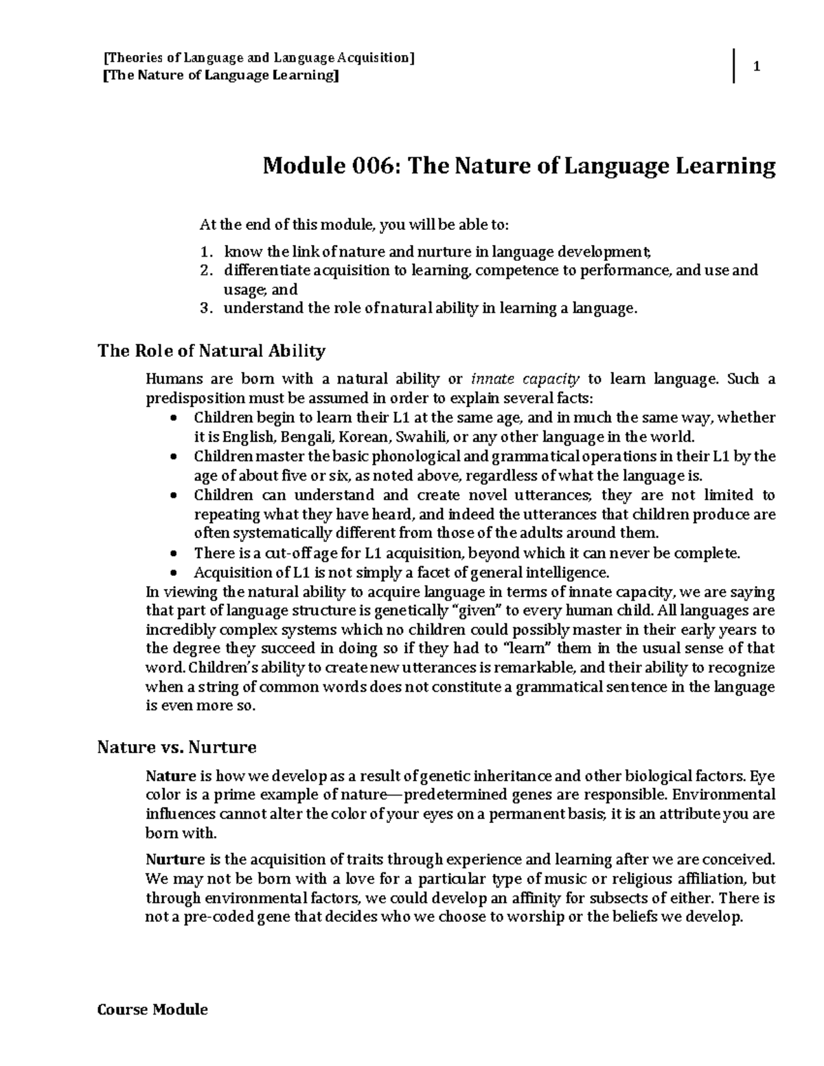 Module 6 The Nature - [The Nature of Language Learning] 1 Module 006 ...