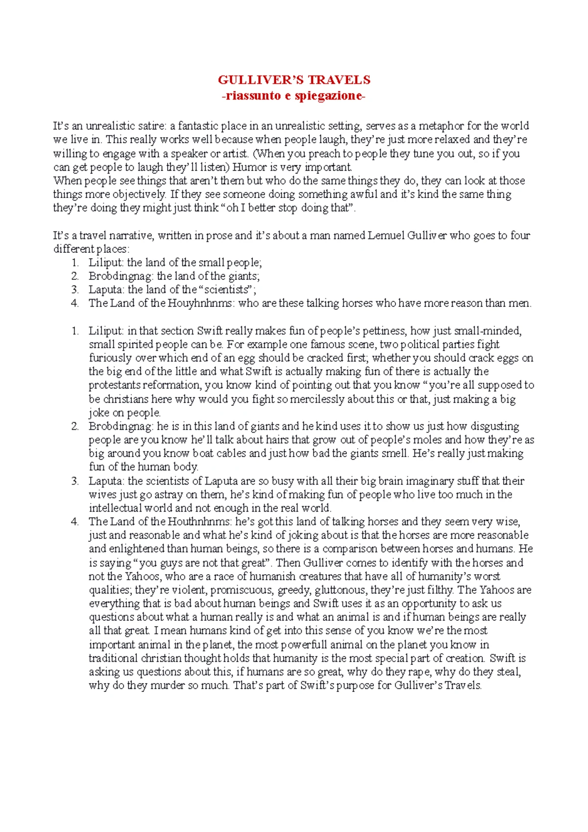 Notes - Summary Gulliver's Travels - Introduction and Lilliput The ...