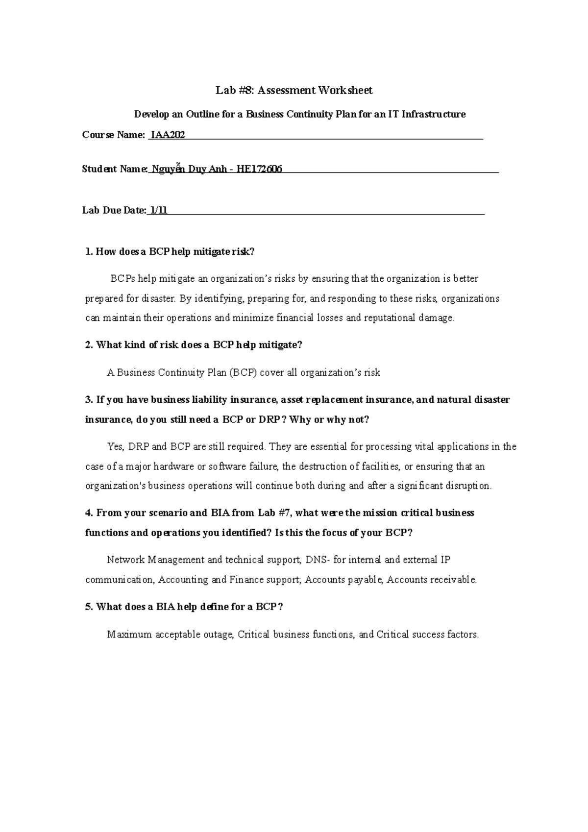 IAA Lab #8: Business Continuity Plan Assessment Worksheet - Studocu