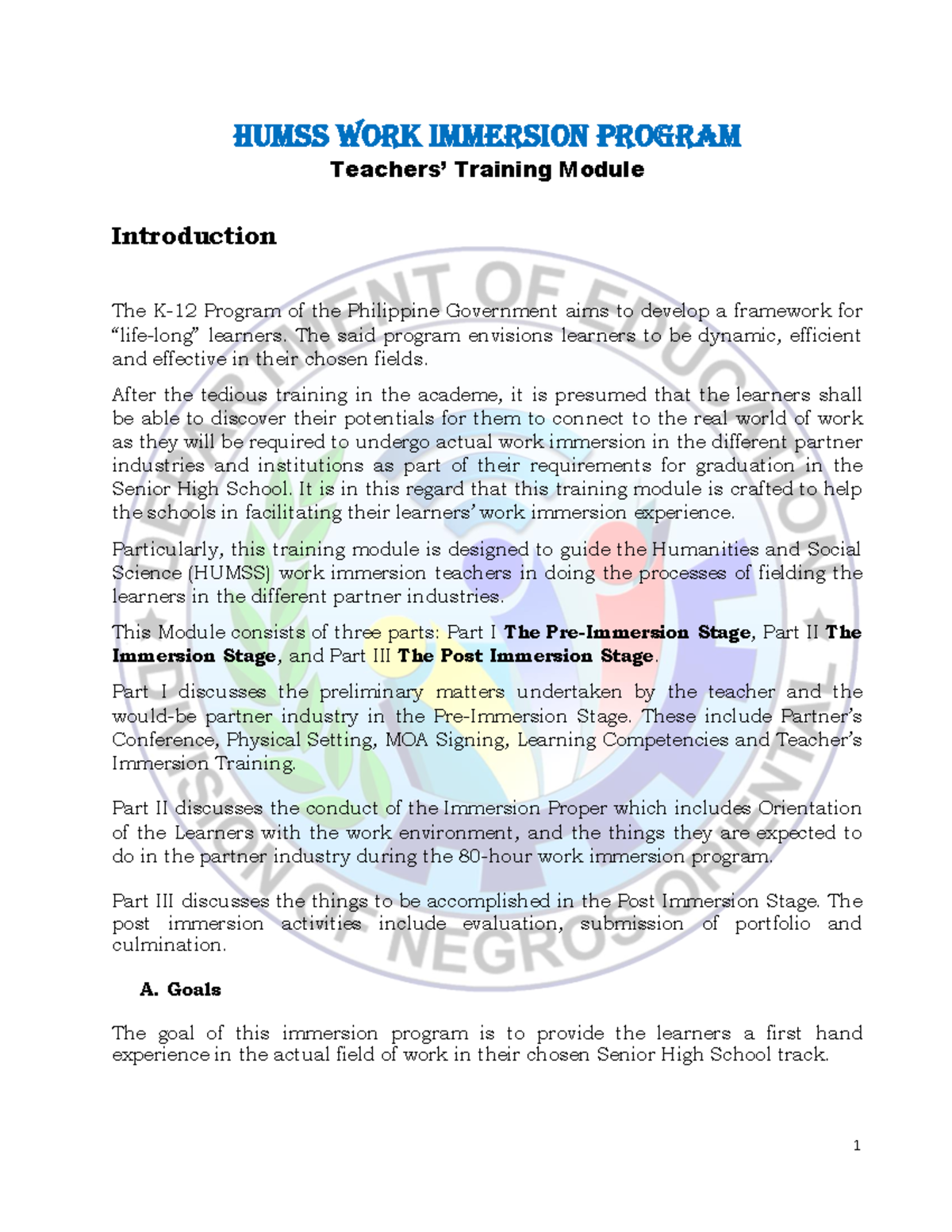 Pdfcoffee - Notes on course subjects. - HUMSS WORK IMMERSION PROGRAM ...