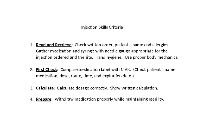Injection Skills Criteria: Safe Administration & Verification - Studocu