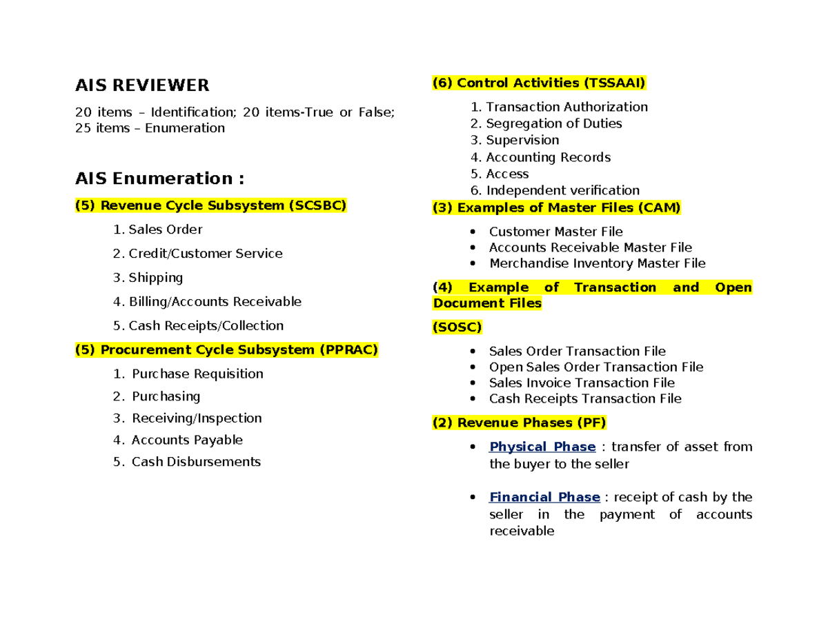 AIS Reviewer for Accounting Students: Key Concepts & Subsystems - Studocu
