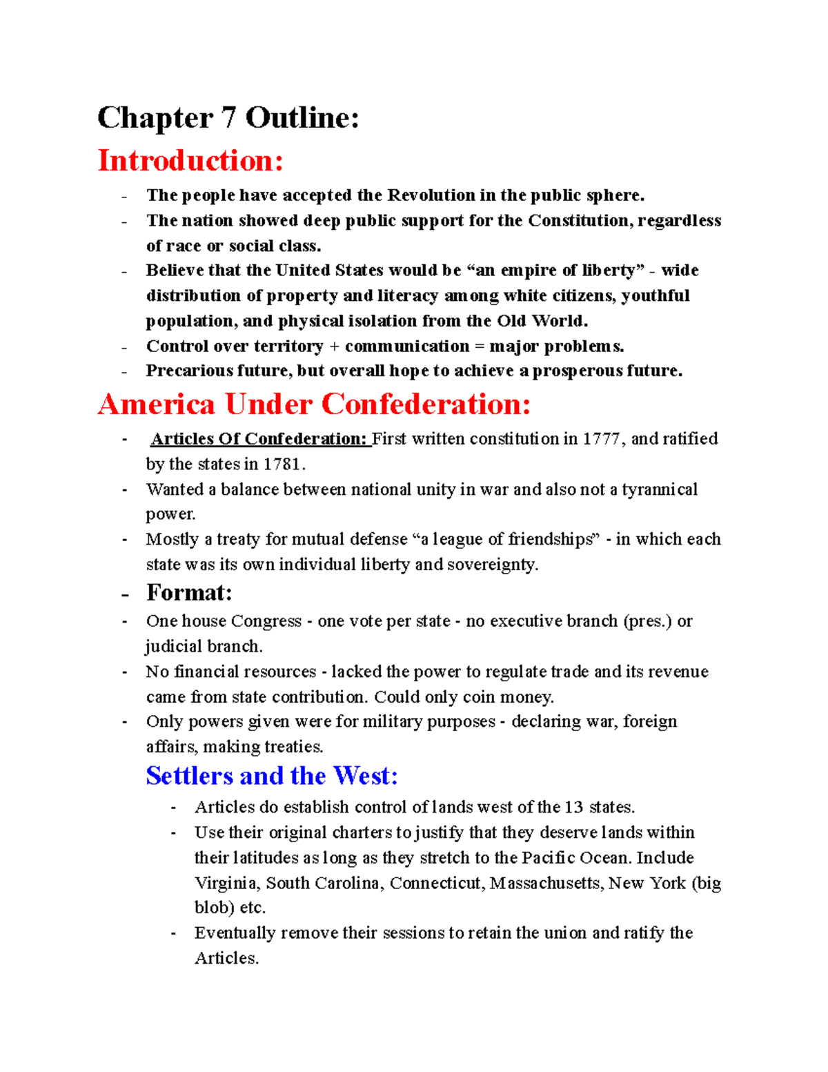 Chapter 7 Outline: The Articles of Confederation and the Constitution ...