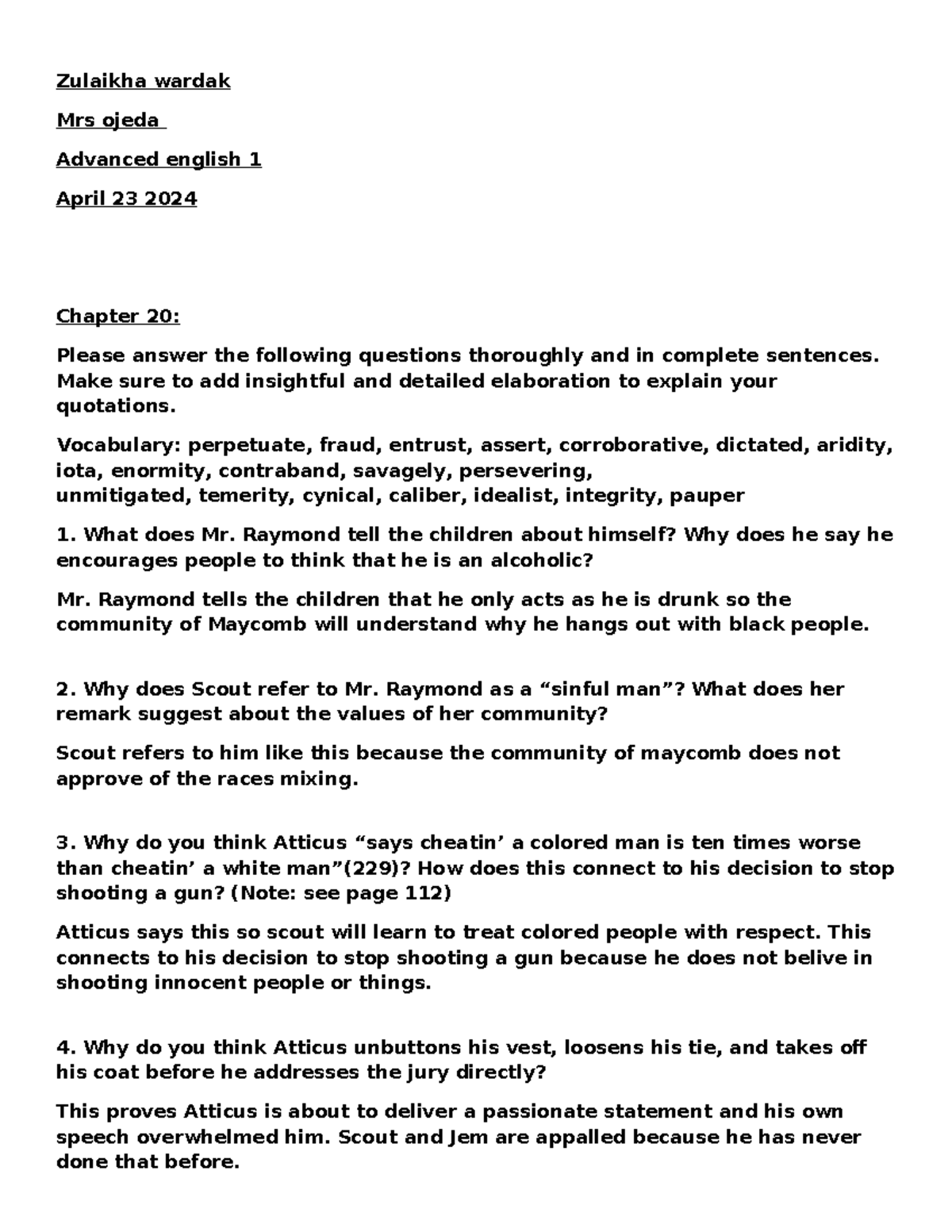 TKAM Advanced English 1: Detailed Reading Questions for Chapters 20-21 ...