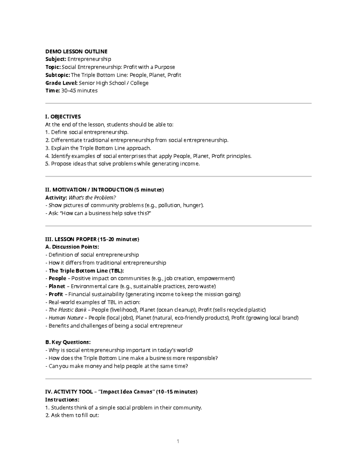 ENT 101: Lesson Outline on Social Entrepreneurship & TBL - Studocu