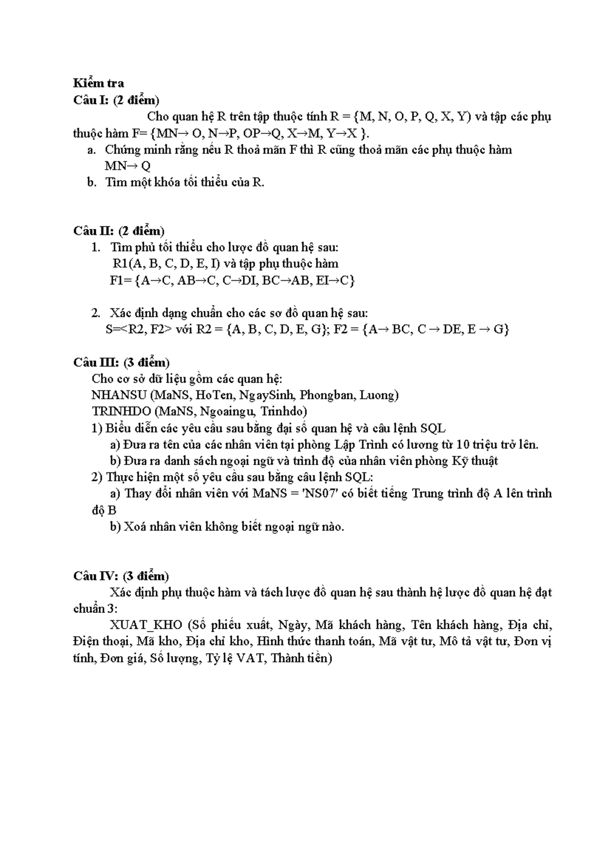 Kiểm tra 6 - Bài tập Đại số quan hệ và SQL (Môn: RDBMS) - Studocu