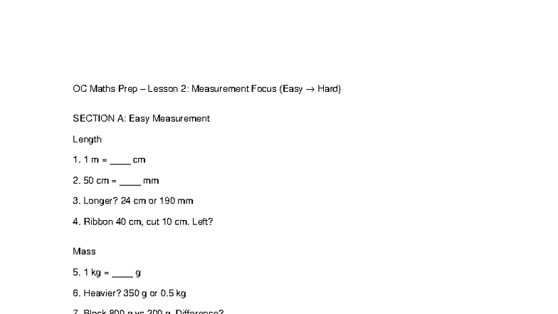 OC Maths Prep Lesson 2: Measurement Focus (Easy to Hard) - Studocu