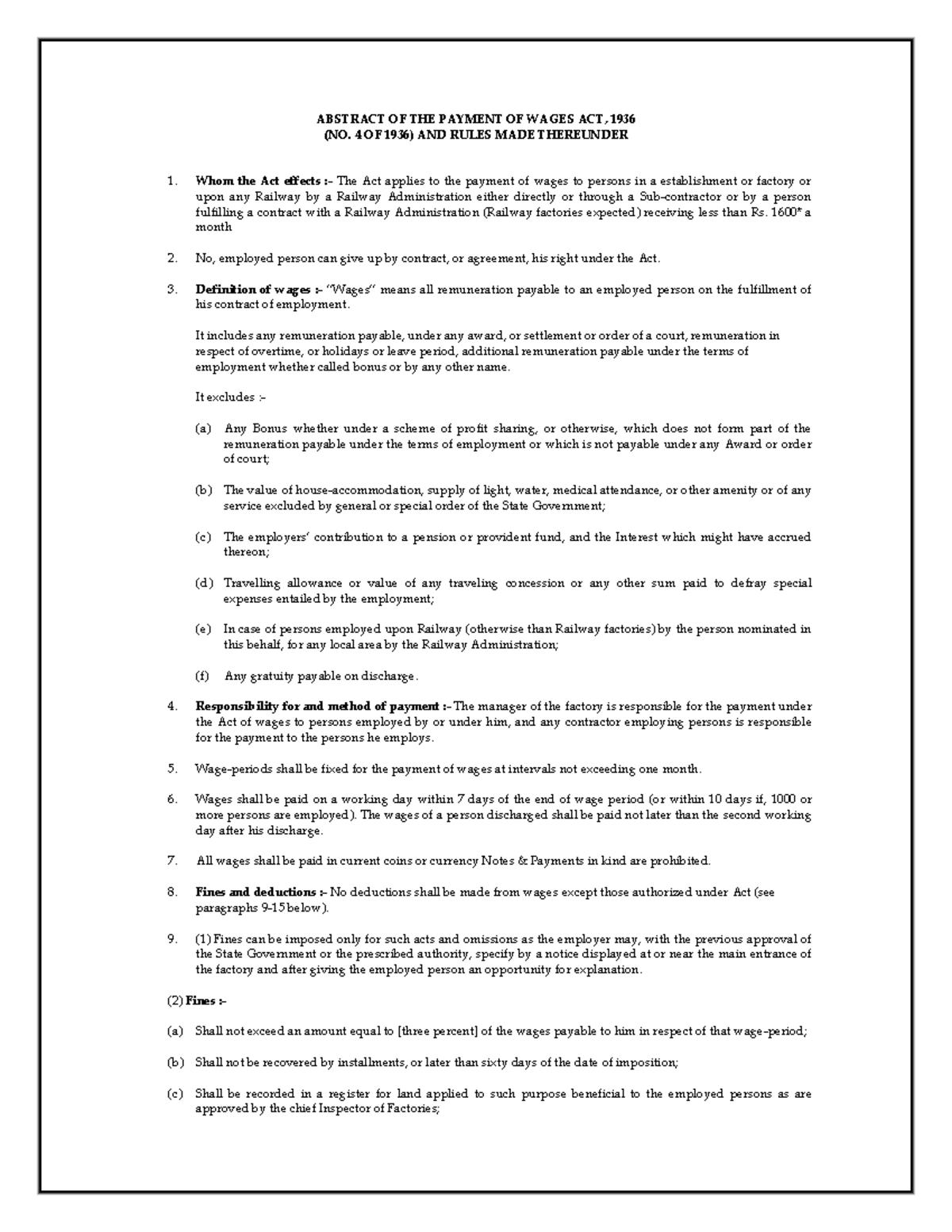 Abstract of the Payment of Wages Act, 1936 - Labour Law Overview - Studocu