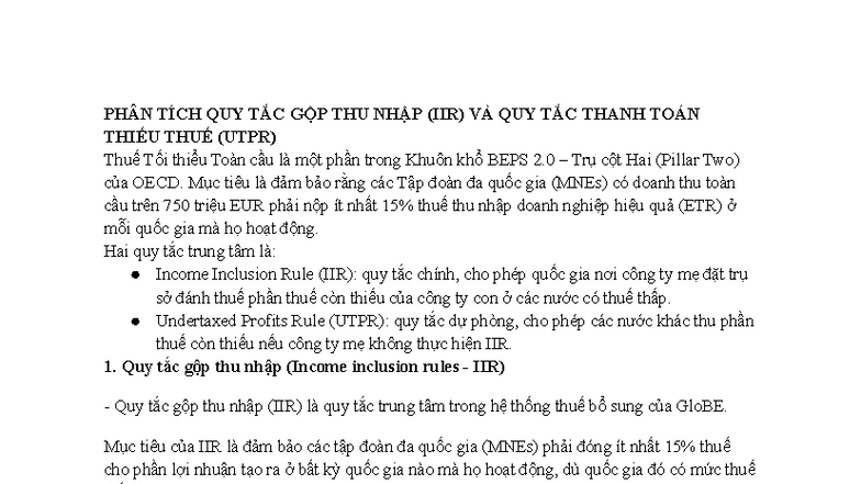PHÂN TÍCH CƠ CHẾ HOẠT ĐỘNG BEPS PILLAR TWO (IIR & UTPR) - Studocu