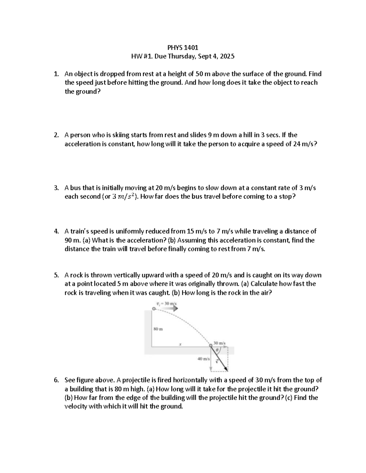 PHYS 1401 - Homework 1: Kinematics Problems and Solutions - Studocu