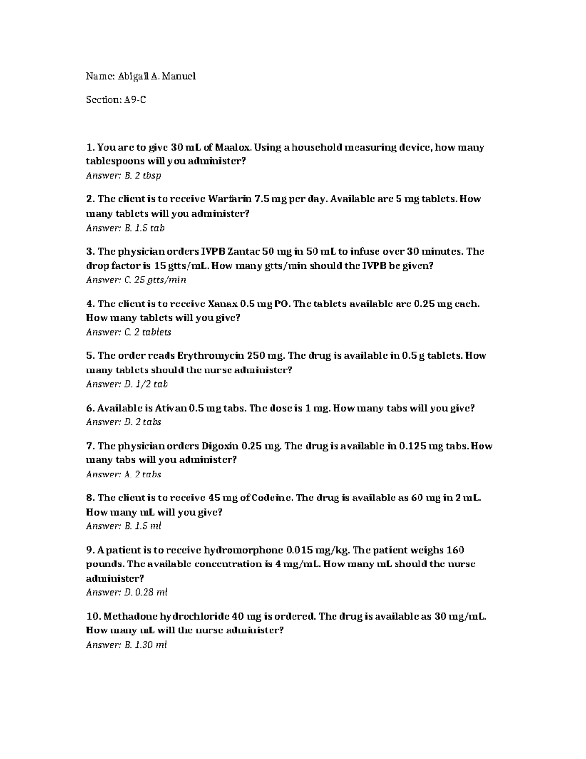 Medication Dosage Calculations: Practice Questions and Answers - Studocu