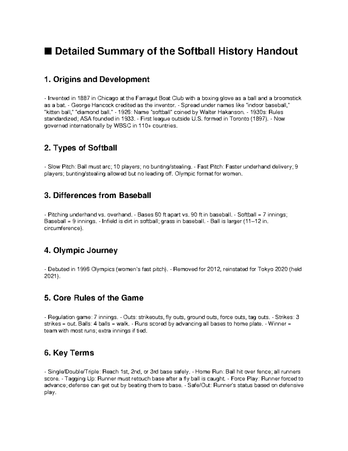 Softball History Overview: Origins, Rules, and Key Terms - Studocu