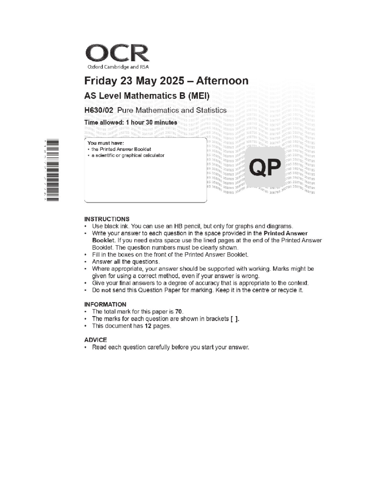 OCR AS Level Mathematics B (MEI) H630/02 Pure Math & Stats Exam Paper ...