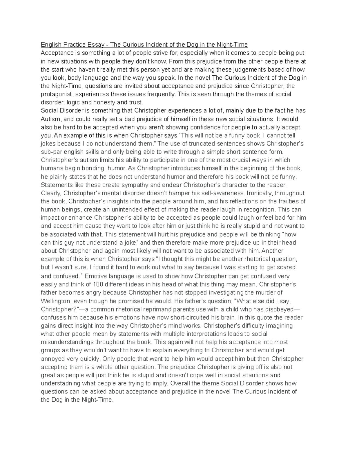 English Practice Essay - The Curious Incident of the Dog in the Night ...