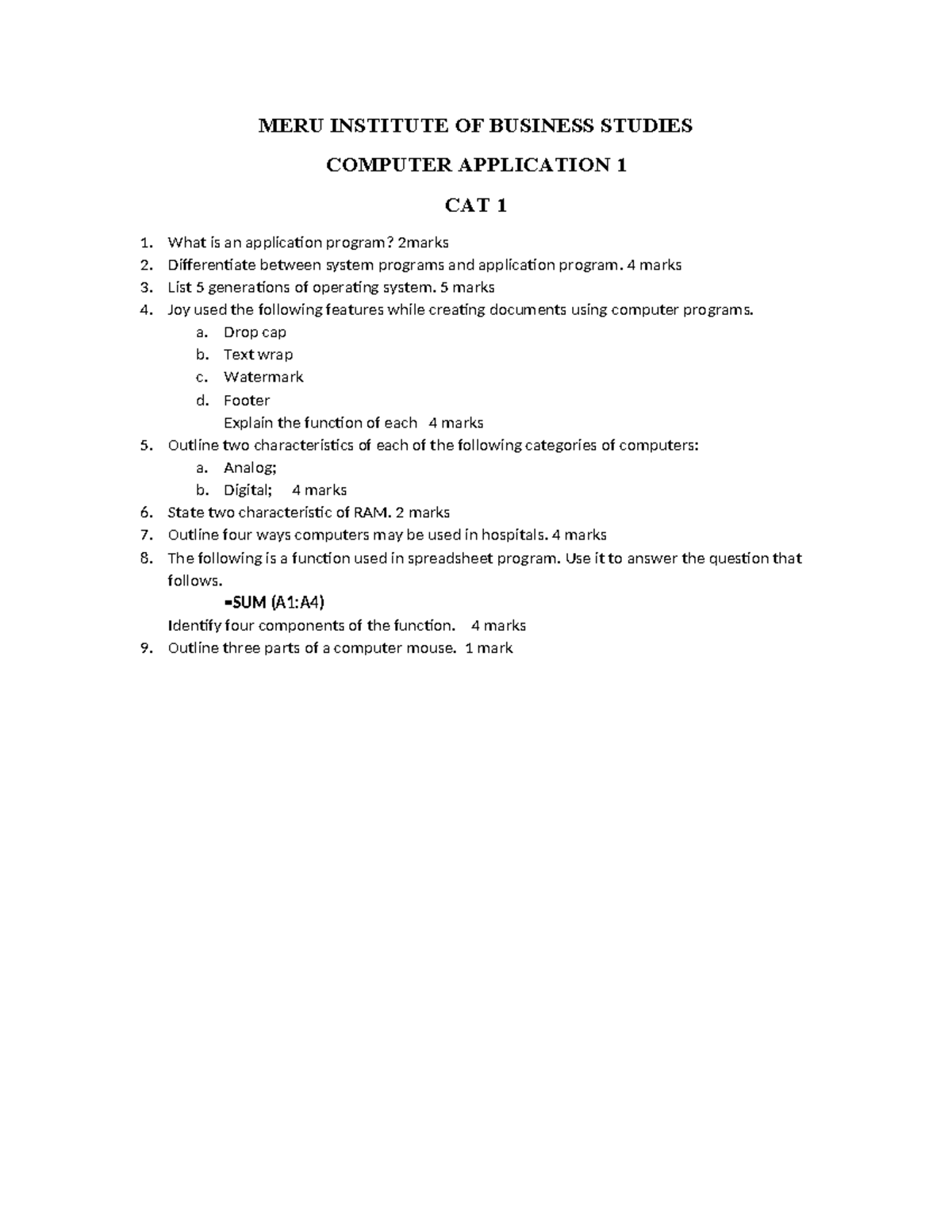 Comp App 1 CAT 1: Key Concepts & Functions in Computer Applications ...