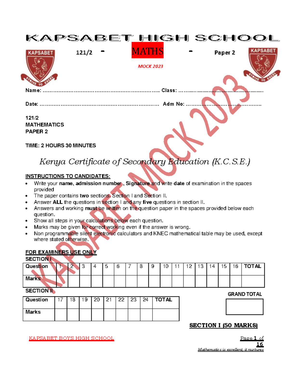Maths 4 Paper 2 QP - none - KAPSABET BOYS HIGH SCHOOL Page 1 of 16 121/ ...