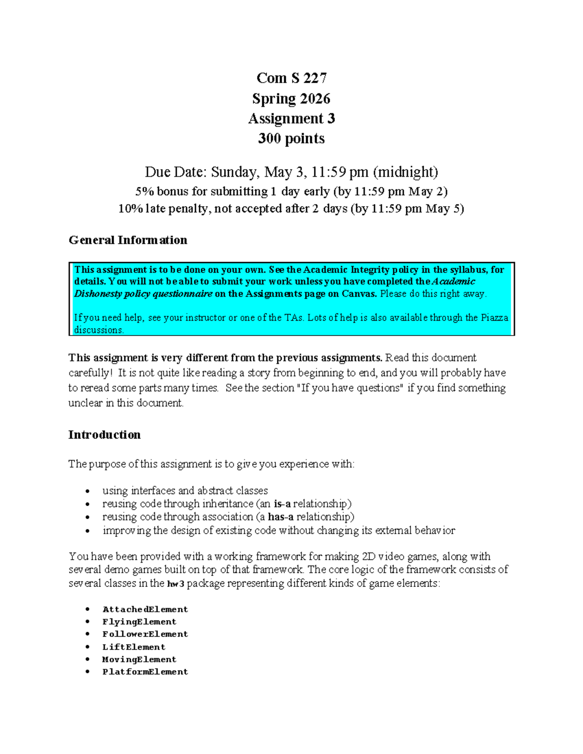 Com S 227 Spring 2026 Assignment 3: Refactoring Game Framework - Studocu