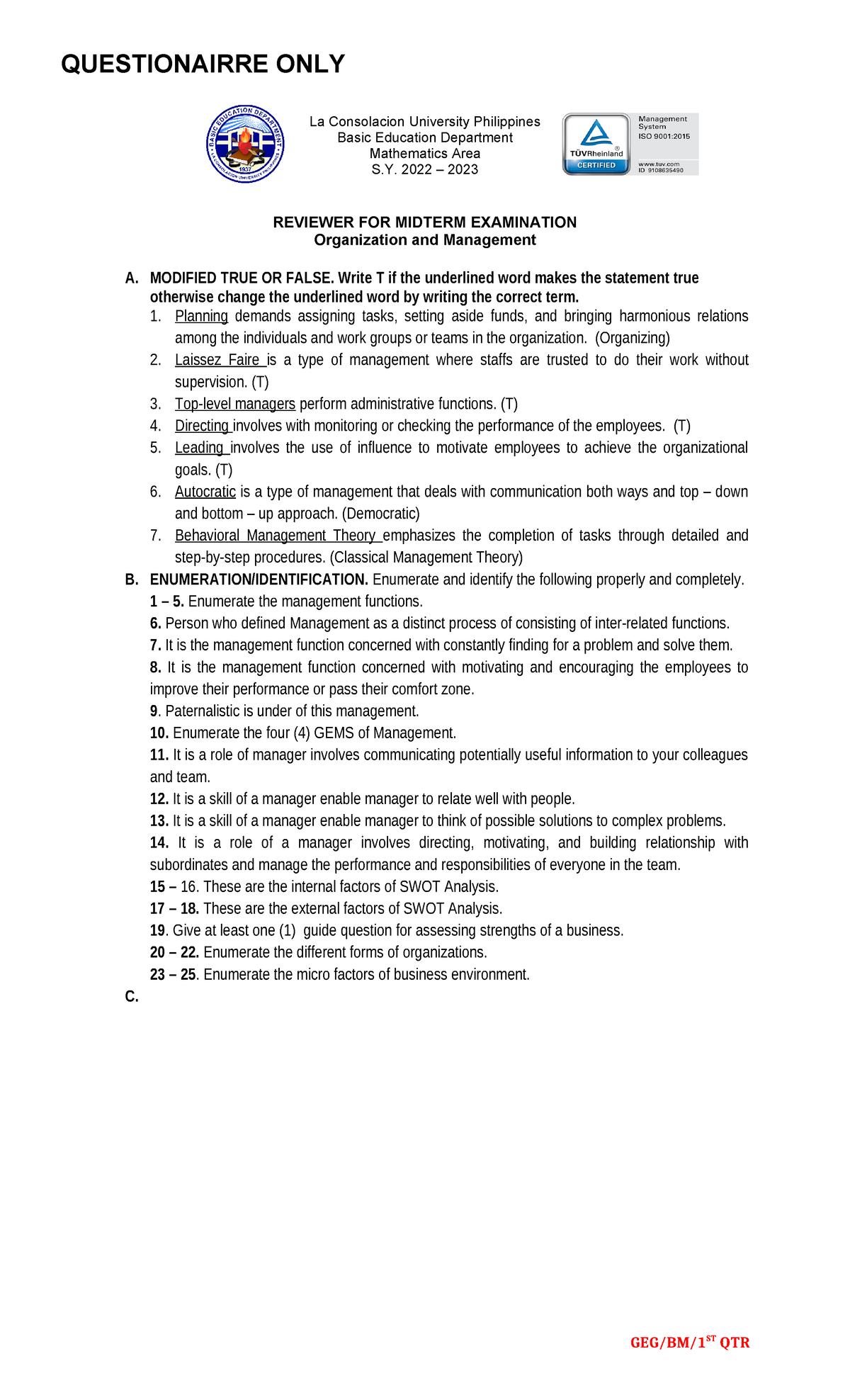 Quiz No. 1 - Org man - For Organization and management - QUESTIONAIRRE ...