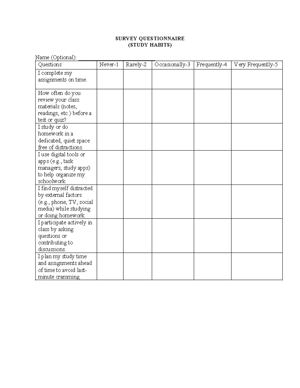 Survey Questionnaire - SURVEY QUESTIONNAIRE (STUDY HABITS) Name ...