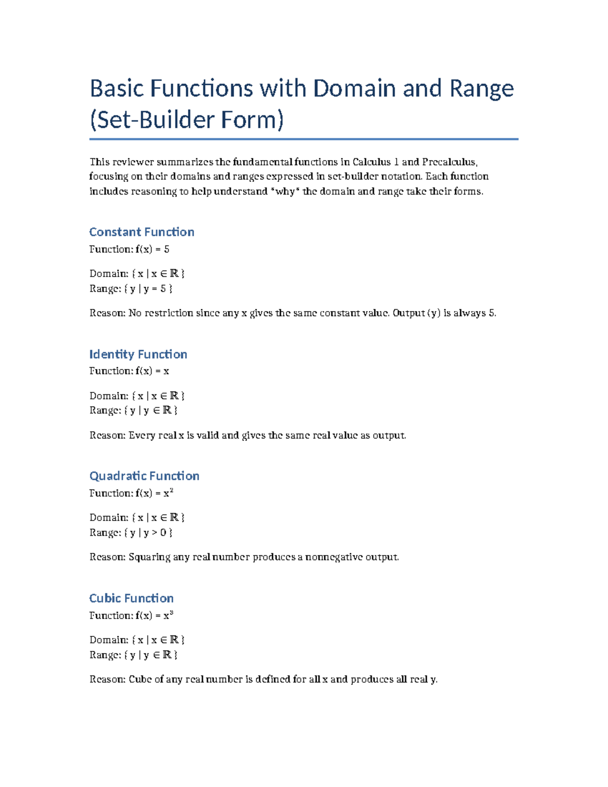 Basic Functions: Domain and Range Overview for Calculus 1 and Precalc ...