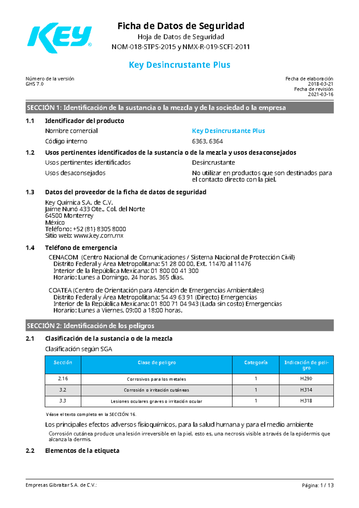 Hoja de Datos de Seguridad del Producto Key Desincrustante Plus - Studocu