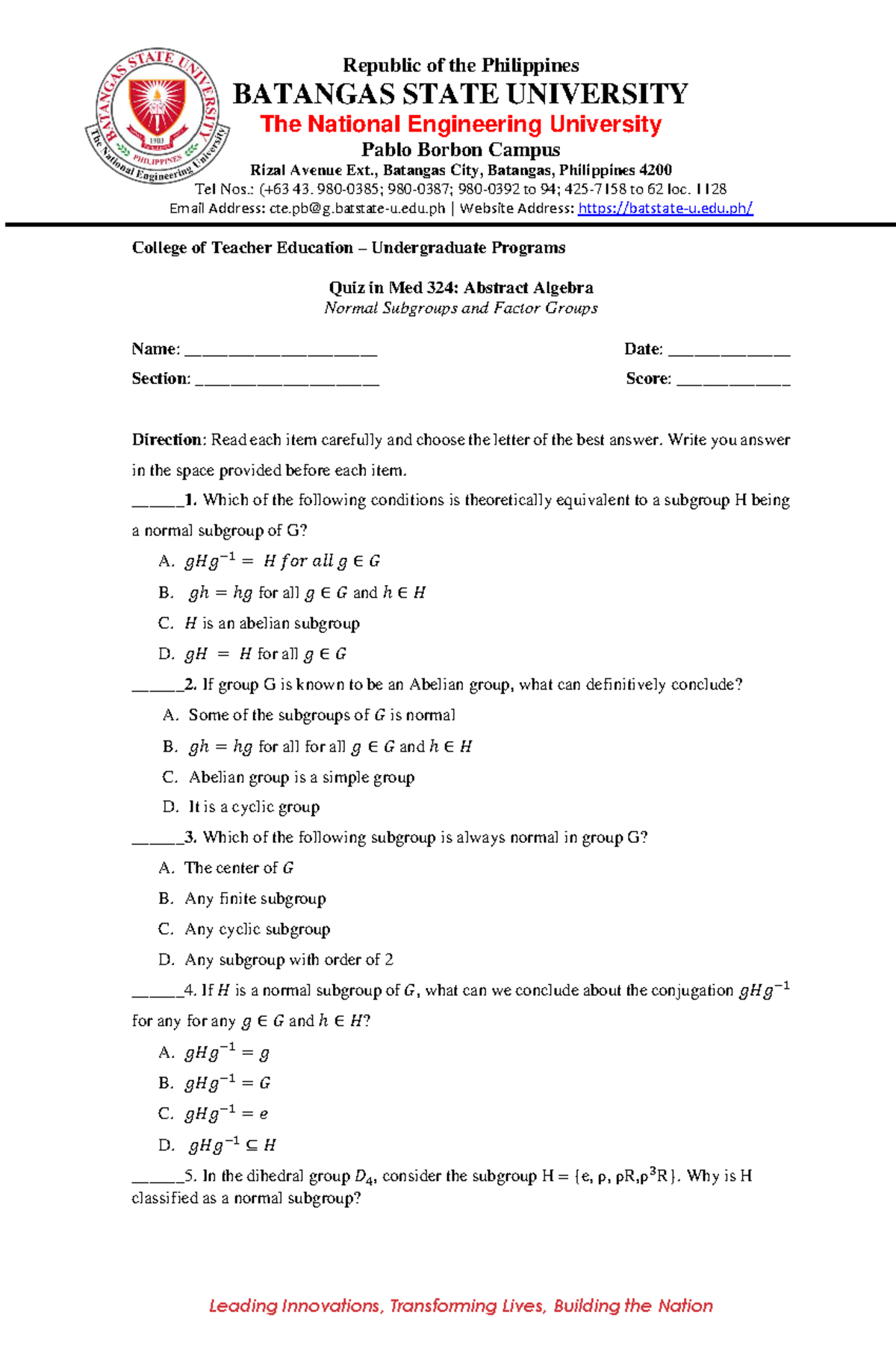 Quiz in Med 324: Abstract Algebra - Normal Subgroups & Factor Groups ...