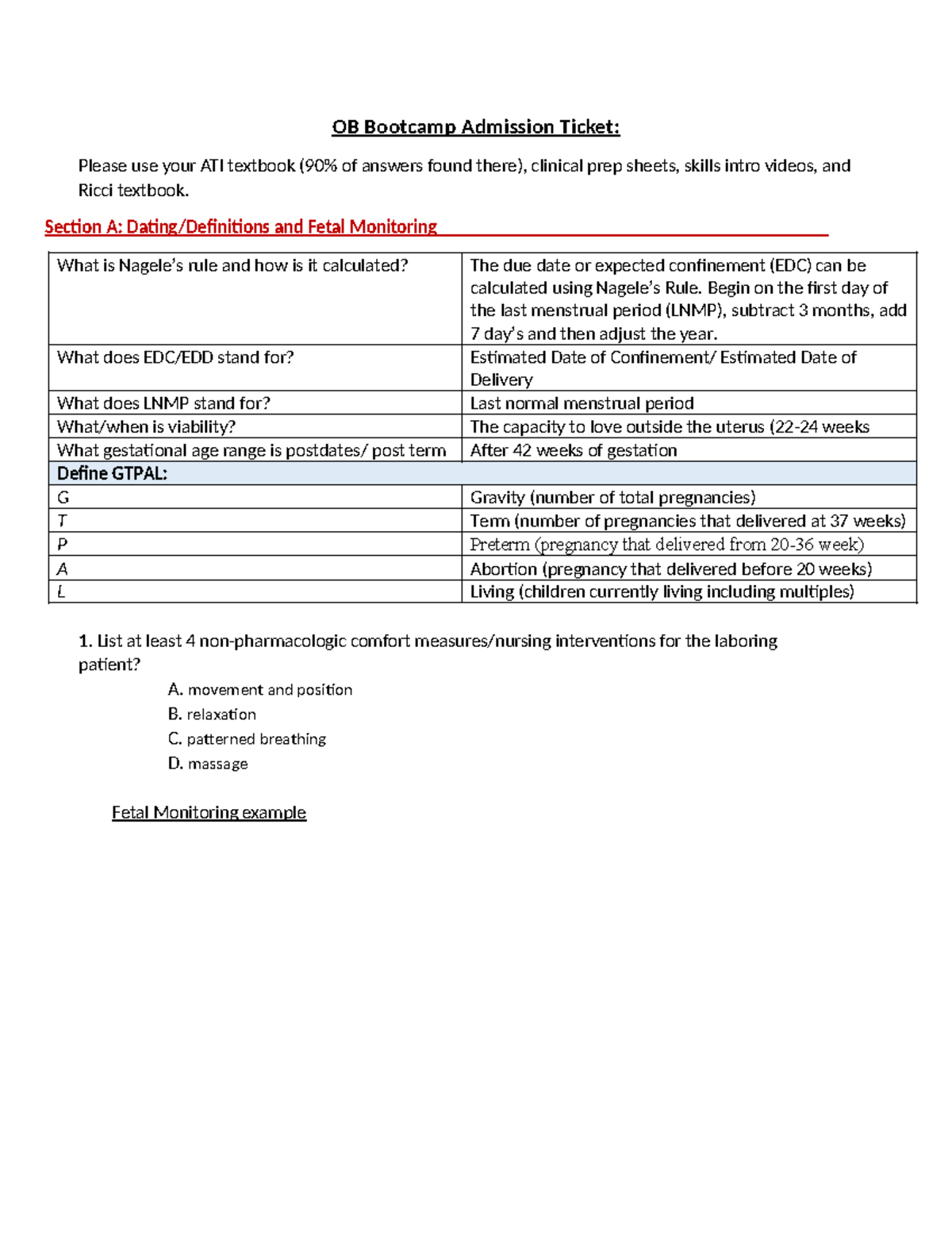 OB Clinical Bootcamp Admission Ticket with Fetal Monitoring Guidelines ...