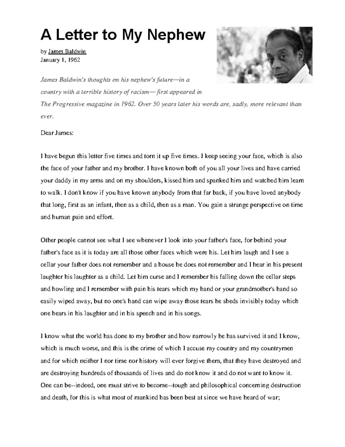 A Letter to My Nephew: James Baldwin's Timeless Wisdom on Race - Studocu