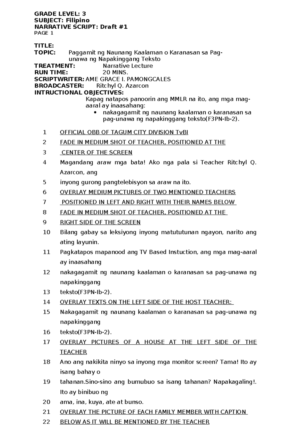 Tv BI Script for Filipino Grade 3: Paggamit ng Kaalaman sa Teksto - Studocu