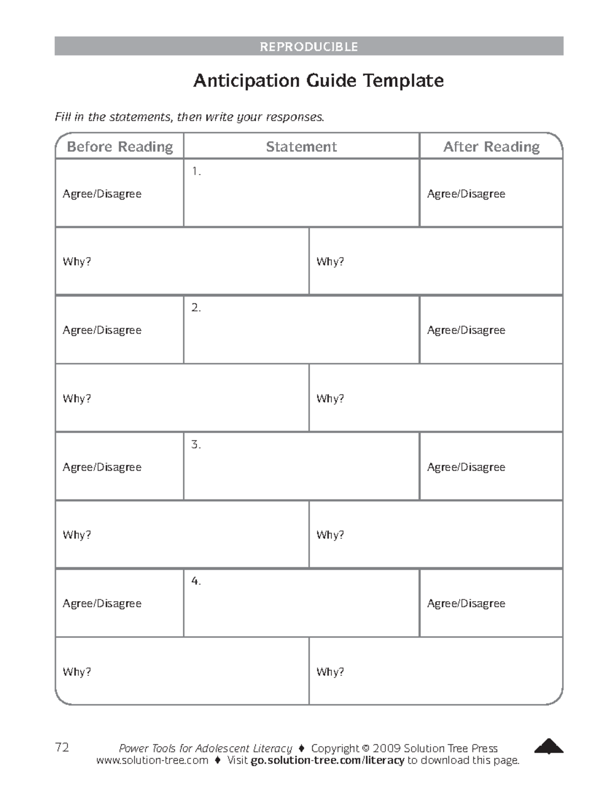 Anticipation Guide Template - Power Tools for Adolescent Literacy ♦ ...