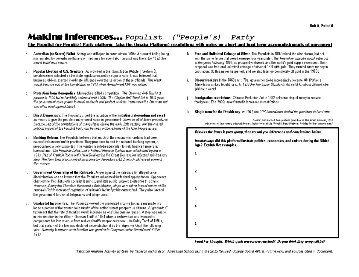 APUSH Unit 5: Analysis of the Populist Party Platform & Gilded Age ...