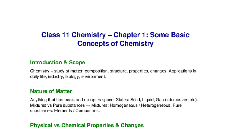 Class 11 Chemistry Ch1: Basic Concepts of Chemistry Notes - Studocu