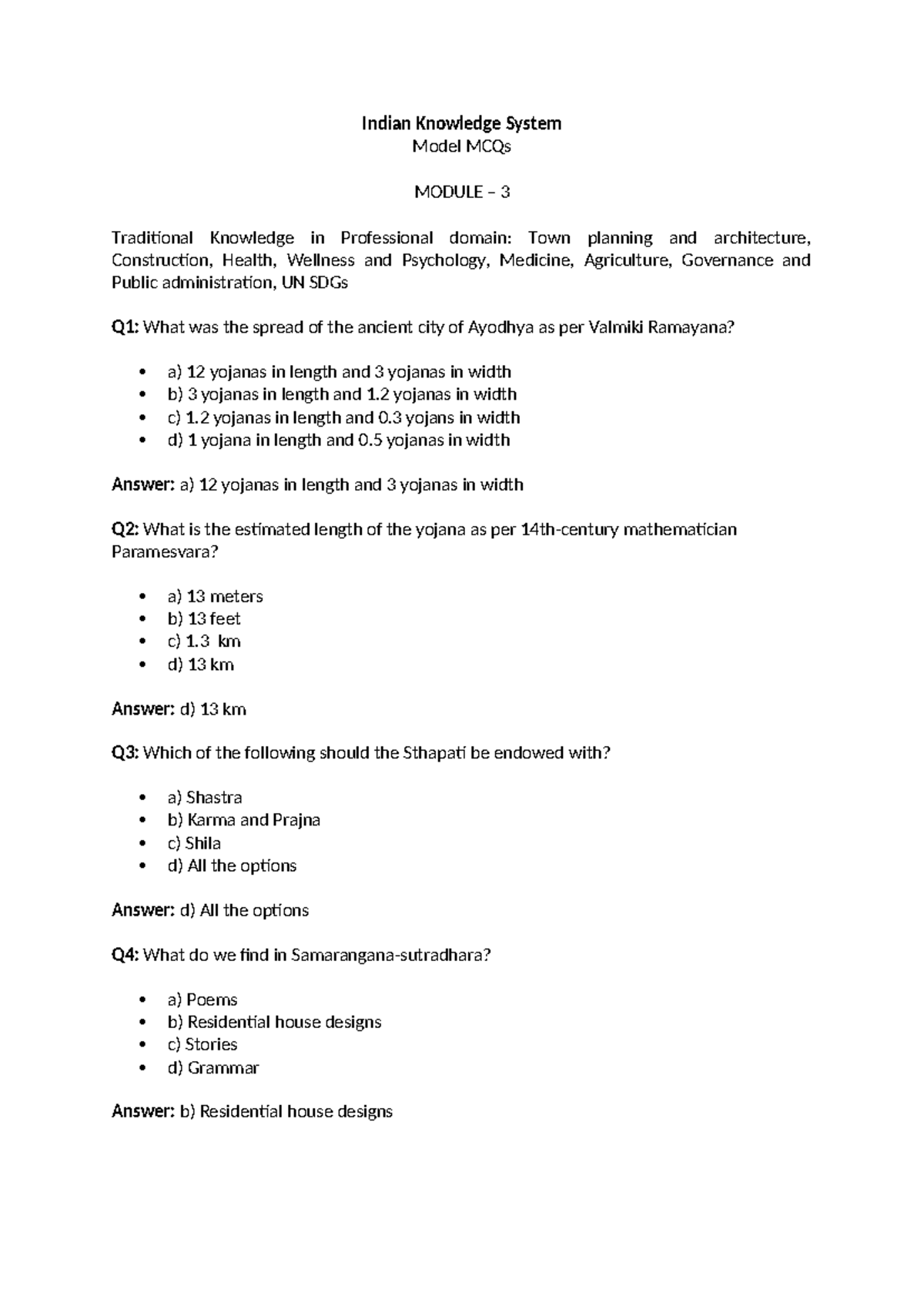 IKS Model MCQs MODULE 3: Traditional Knowledge in Town Planning ...