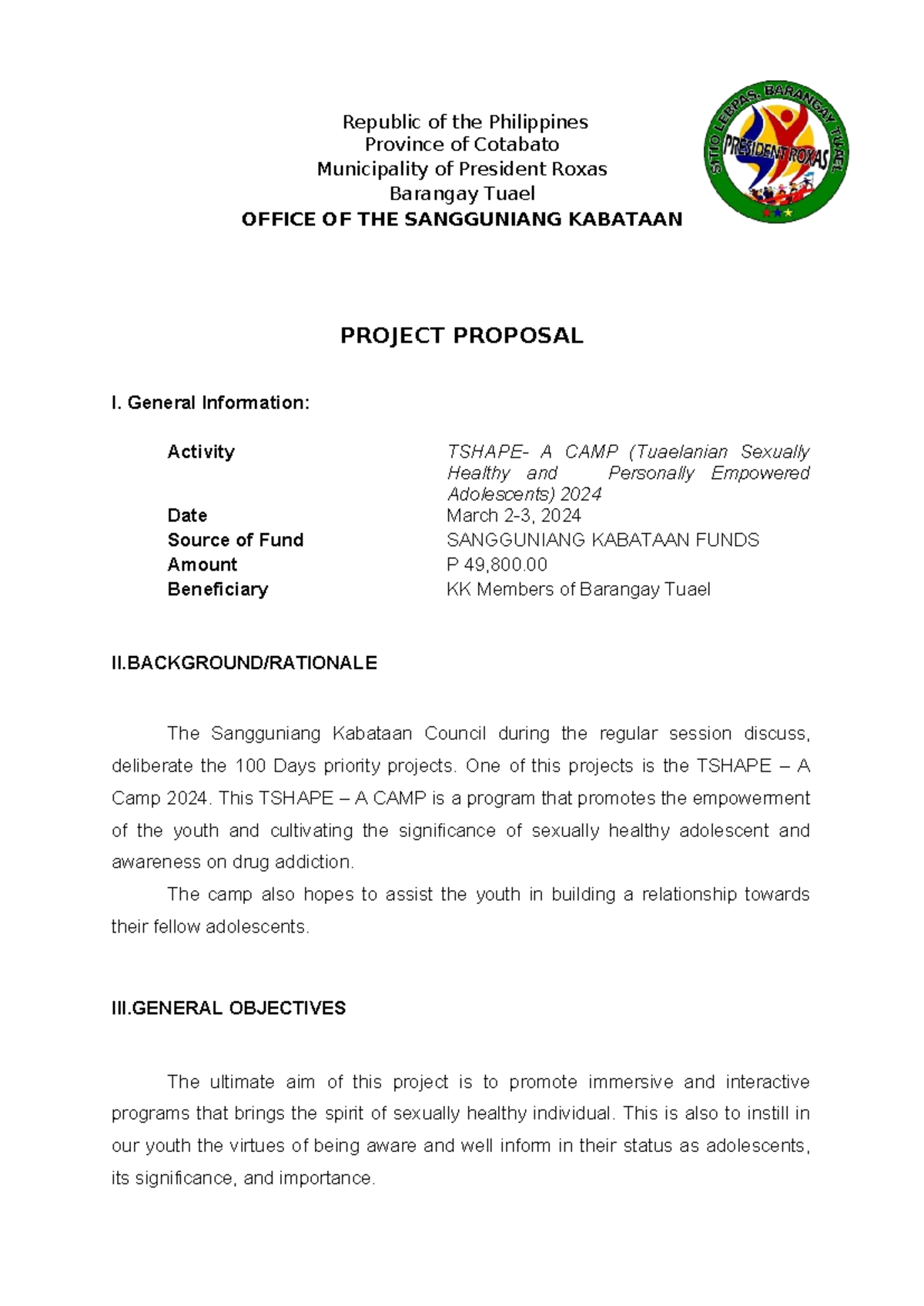 SK Project Proposal: TSHAPE A Camp 2024 for Youth Empowerment - Studocu