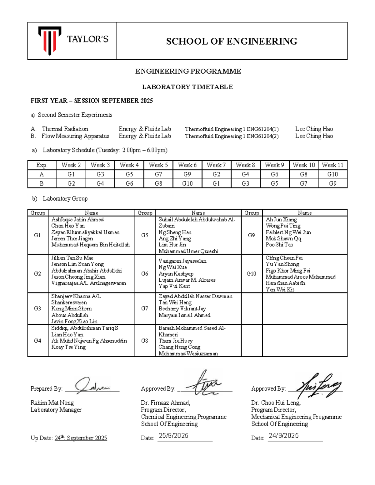 SCHOOL OF ENGINEERING SEM2 ME1 2025 Thermofluid 1 Lab Timetable - Studocu